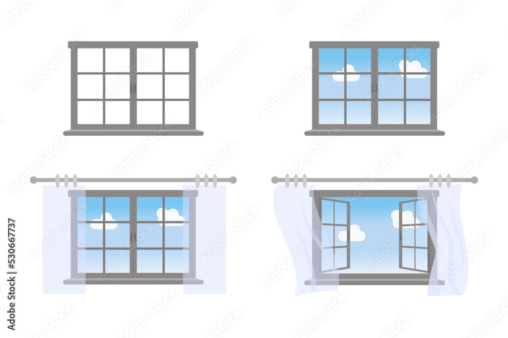 Set of open and closed windows on white background. Cartoon flat style ...