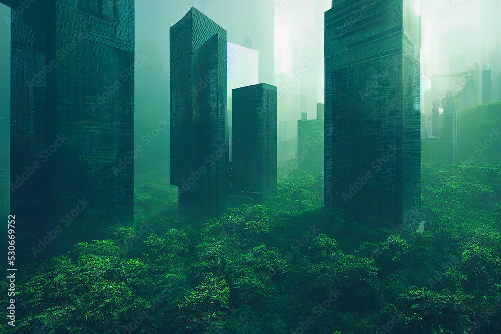 solarpunk lush green cityscape, generative ai Stock Illustration ...