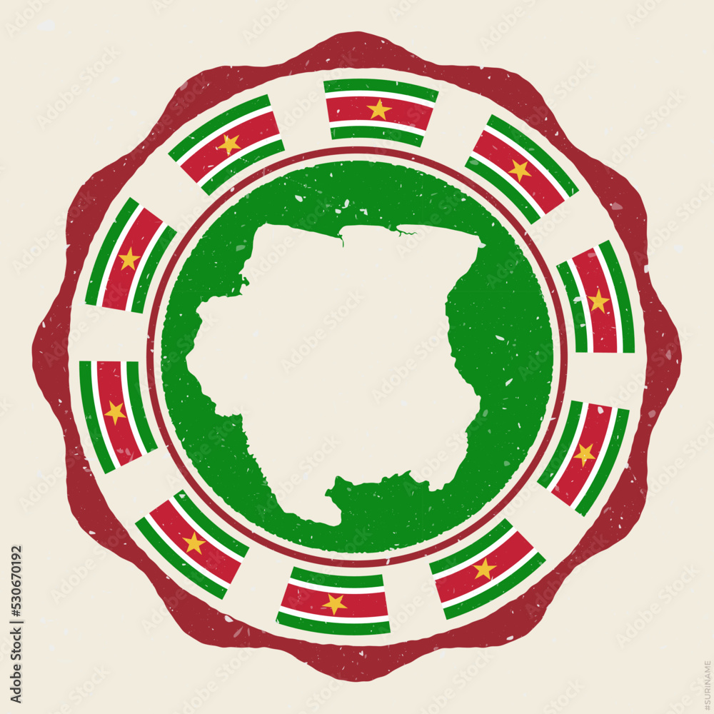 Suriname vintage sign. Grunge round logo with map and flags of Suriname ...