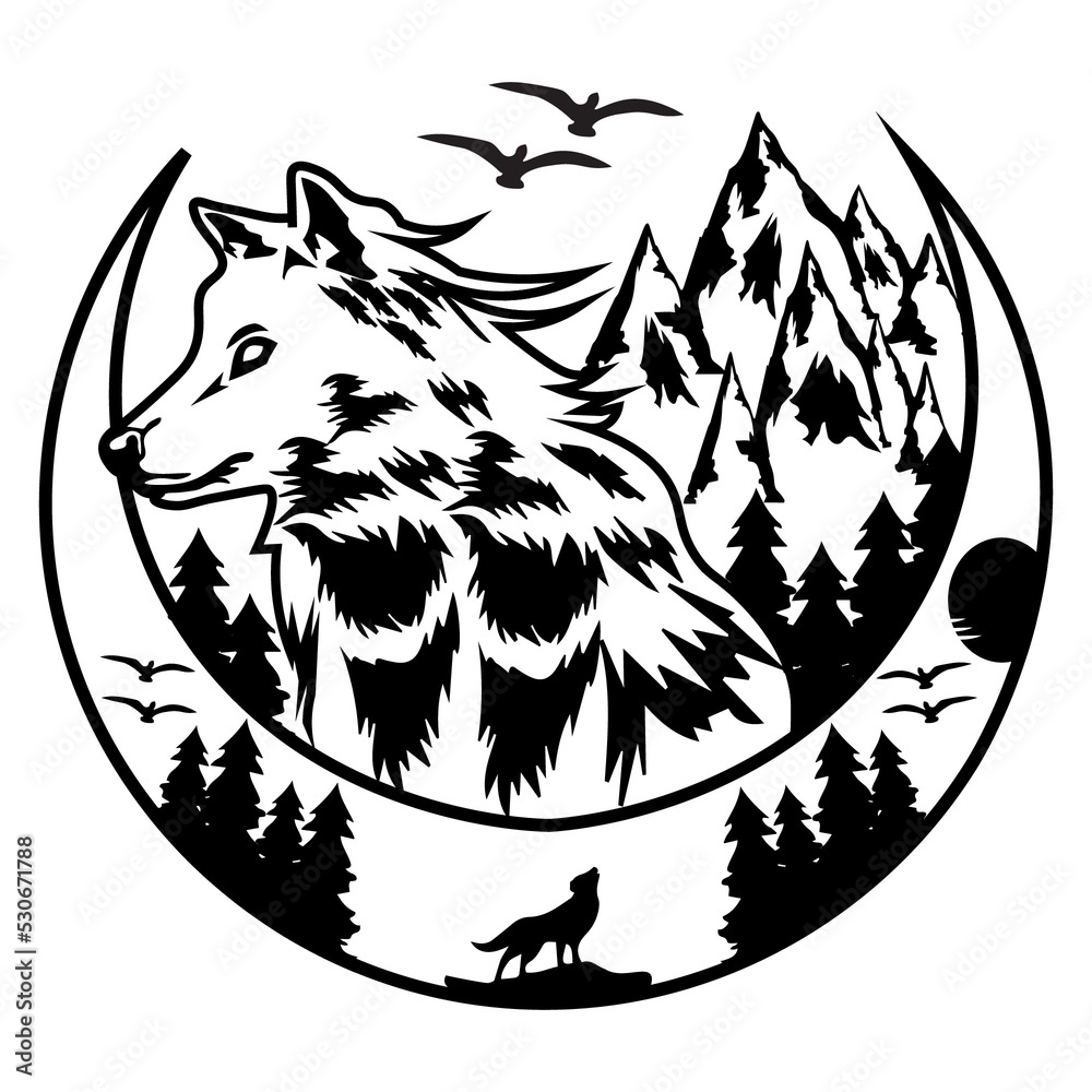 Illustrazione Stock wolf svg, howling wolf svg, mountain svg, wolf ...