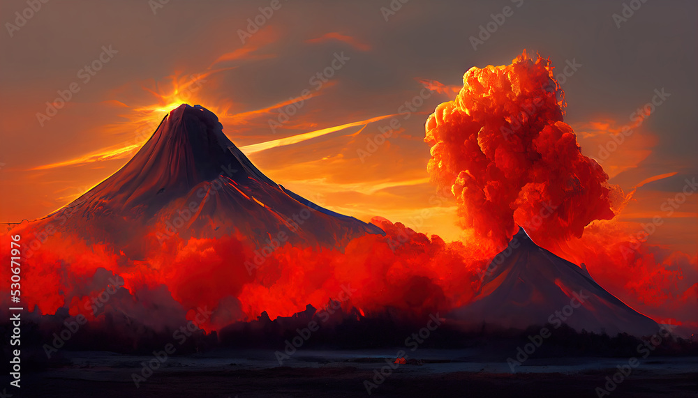 Massive Volcano Eruption. A large volcano erupting hot lava and gases ...