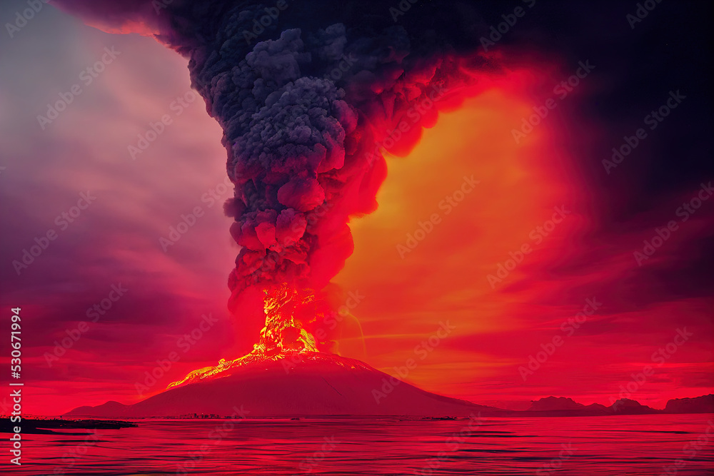 Massive Volcano Eruption. A large volcano erupting hot lava and gases ...