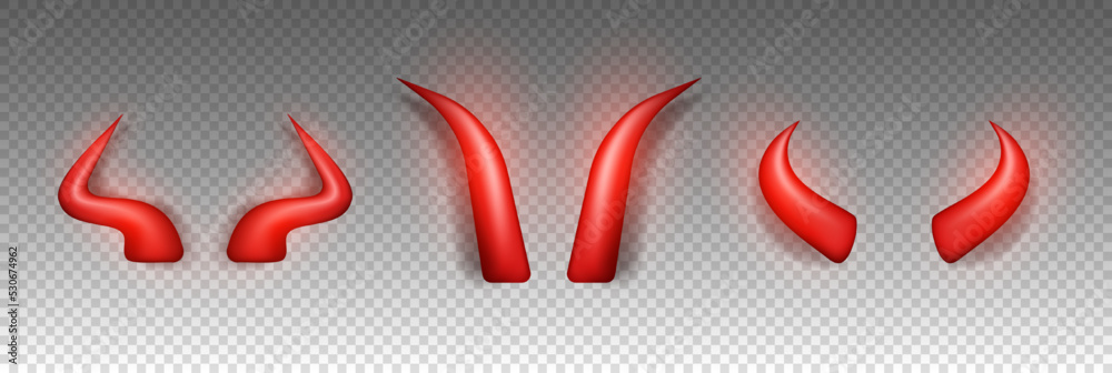 Set of three realistic three dimensional devil horns. Red glossy daemon ...
