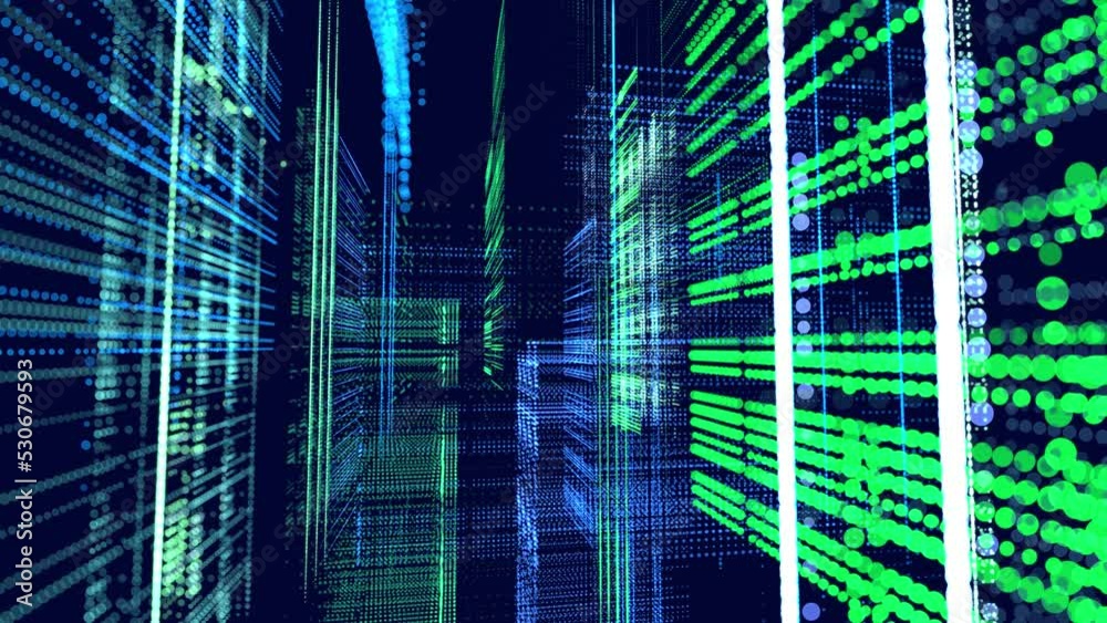 vj loop abstract sci-fi bg glow particles form lines, colomns structure ...