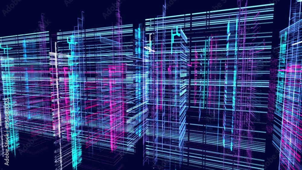 vj loop abstract sci-fi bg glow particles form lines, colomns structure ...