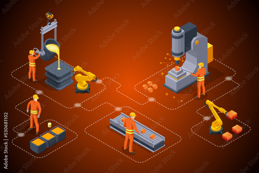 Isometric industrial steel production and metallurgy. Foundry ...