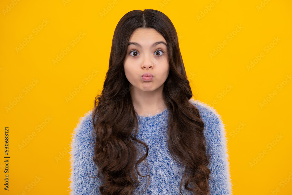 Funny kids face. Adorable little girl surprised and shocked, showing ...