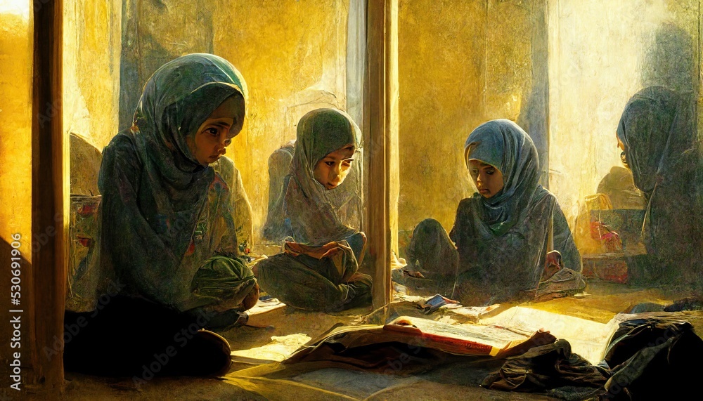 Muslim children in a classroom at school reading, writing, learing and ...