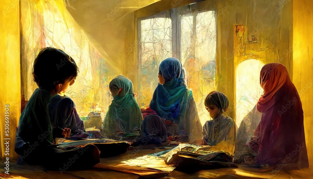 Muslim children in a classroom at school reading, writing, learing and ...