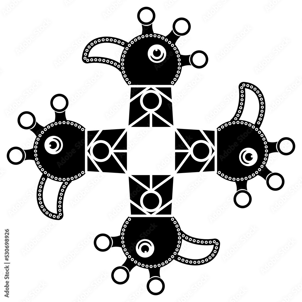 Square cross design with four stylized heads of peacock bird. Medieval ...