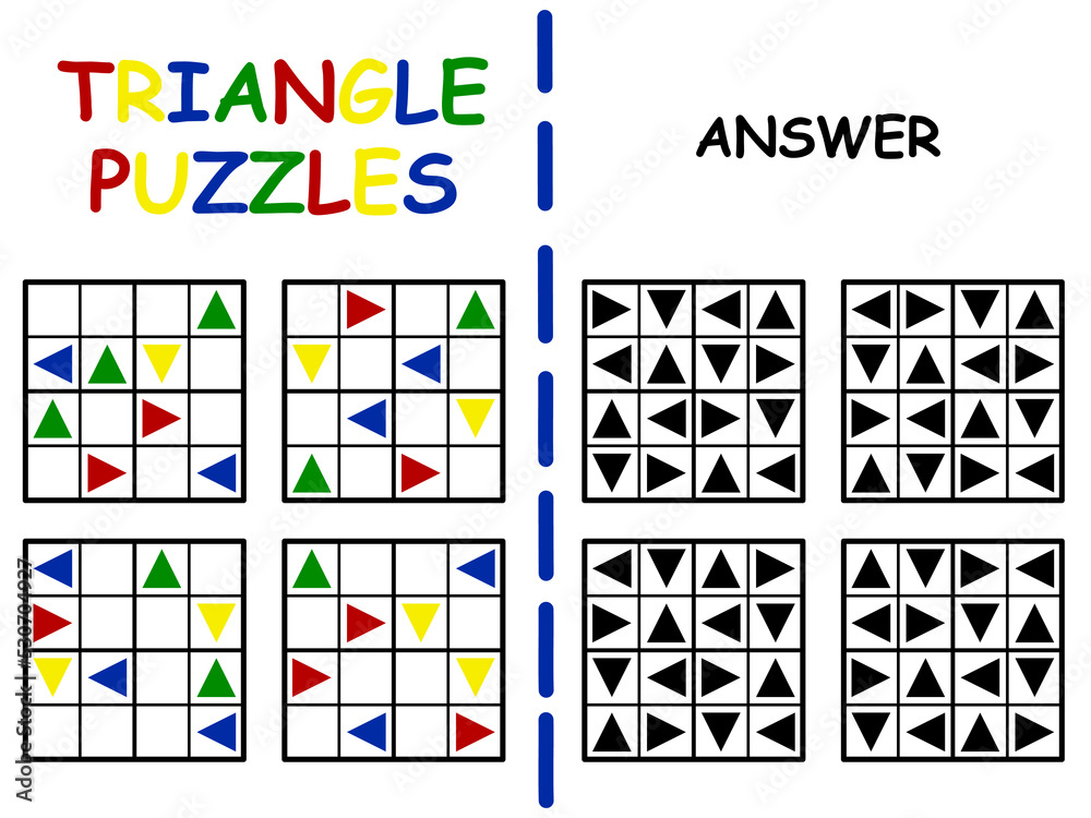 Triangle puzzles set with the answer vector illustration. Simple logic ...