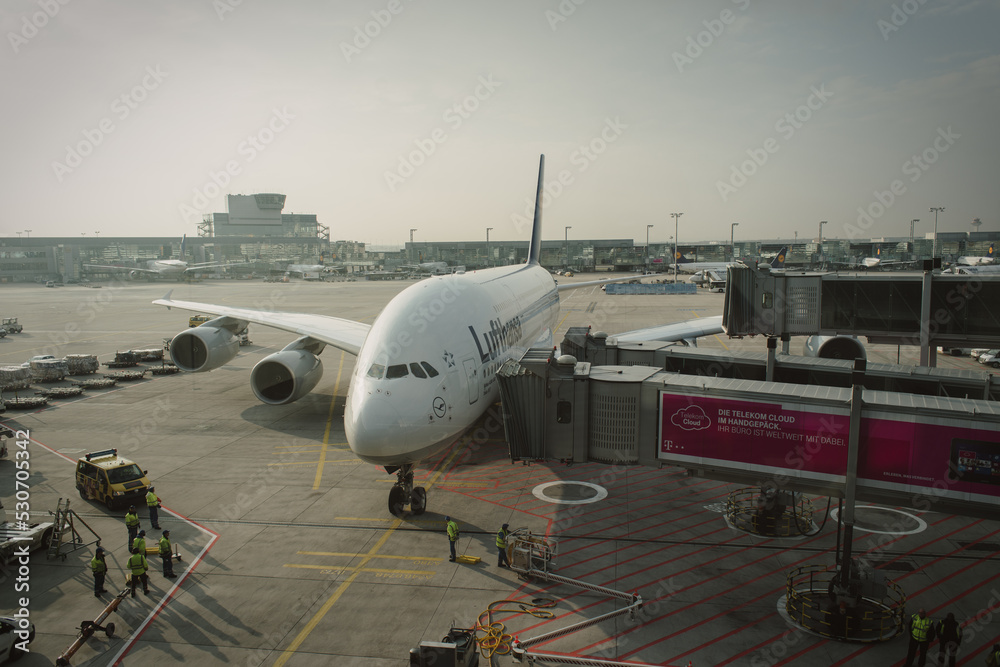 Frankfurt Airport, Germany - 04 03 2014: Lufthansa Airbus A380, largest ...