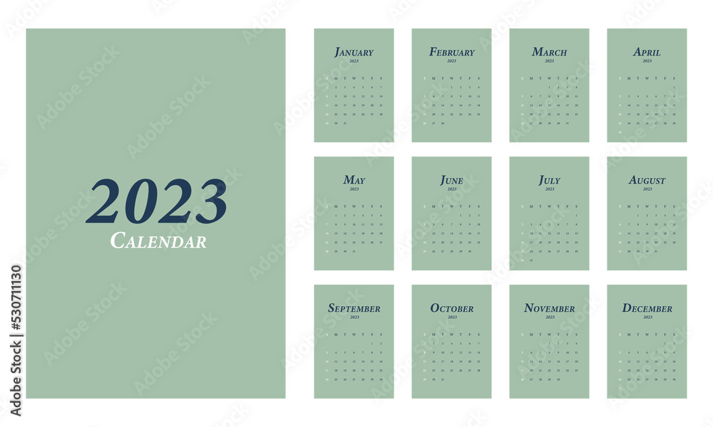 2023 printable monthly calendar template design, week starts on Sunday ...