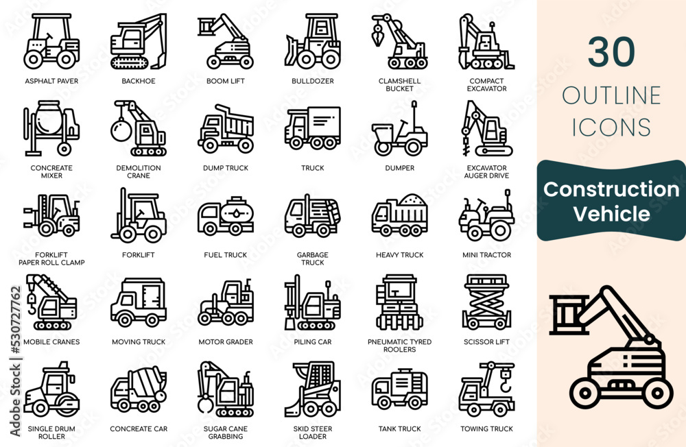 Construction Vehicle icon set. Thin outline icons pack. Vector ...