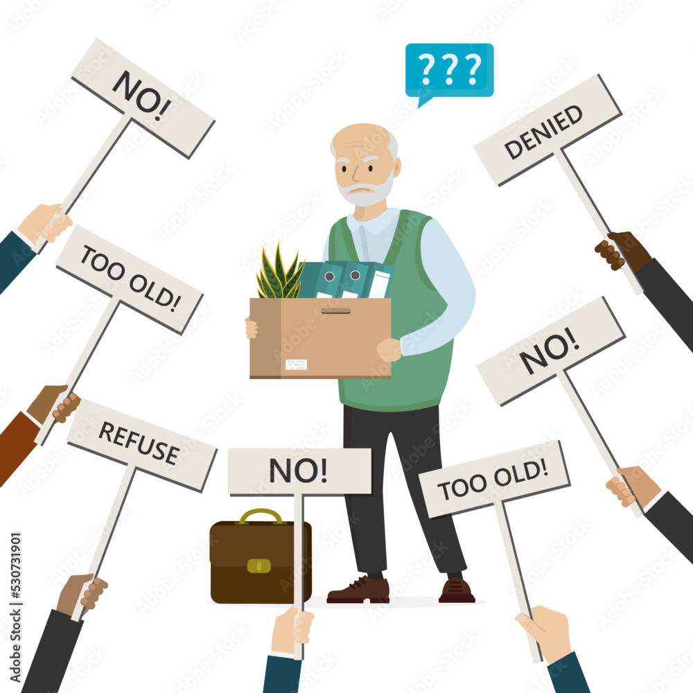 Unhappy unemployed elderly man holds box with office supplies. Age ...
