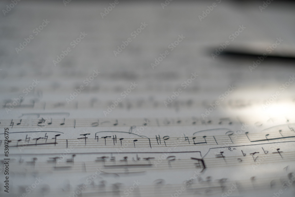 Background of musical notes: score for piano, close-up. Sheet with ...