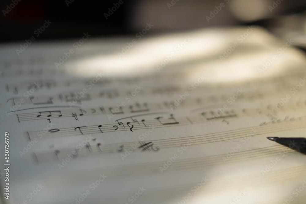 Background of musical notes: score for piano, close-up. Sheet with ...