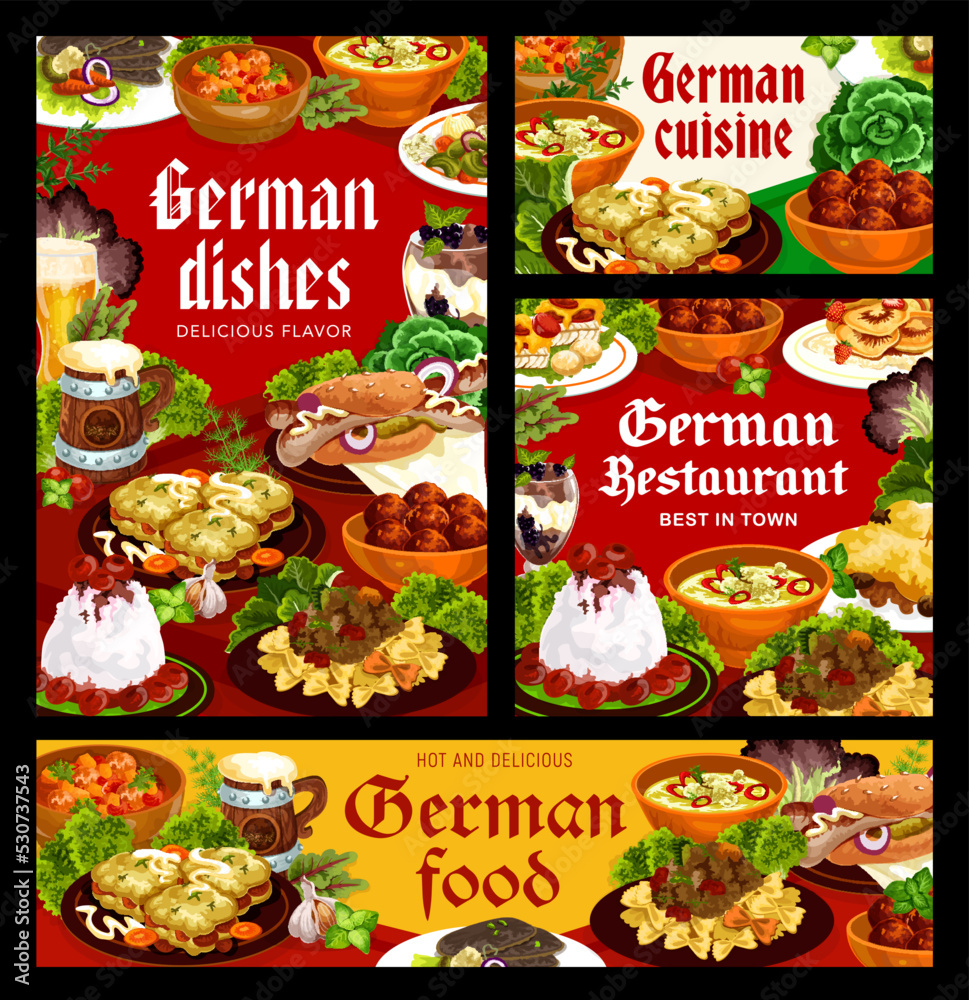 German cuisine food dishes and meals, restaurant menu vector posters ...