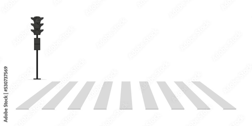 Poster Long empty crosswalk and traffic light on white background ...