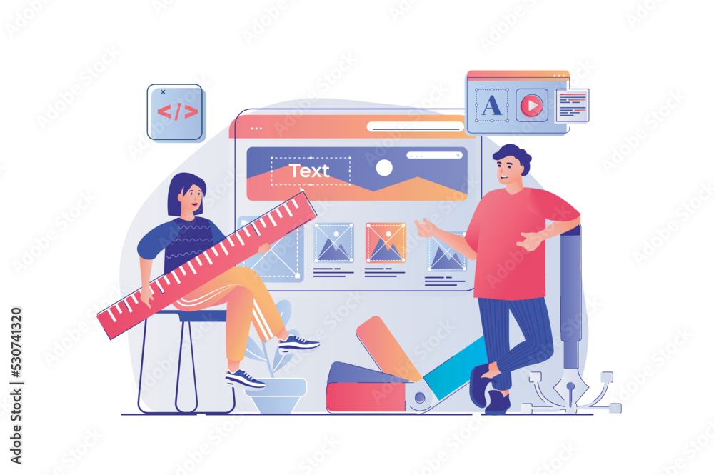 Web design concept with people scene. Man and woman designers creating ...