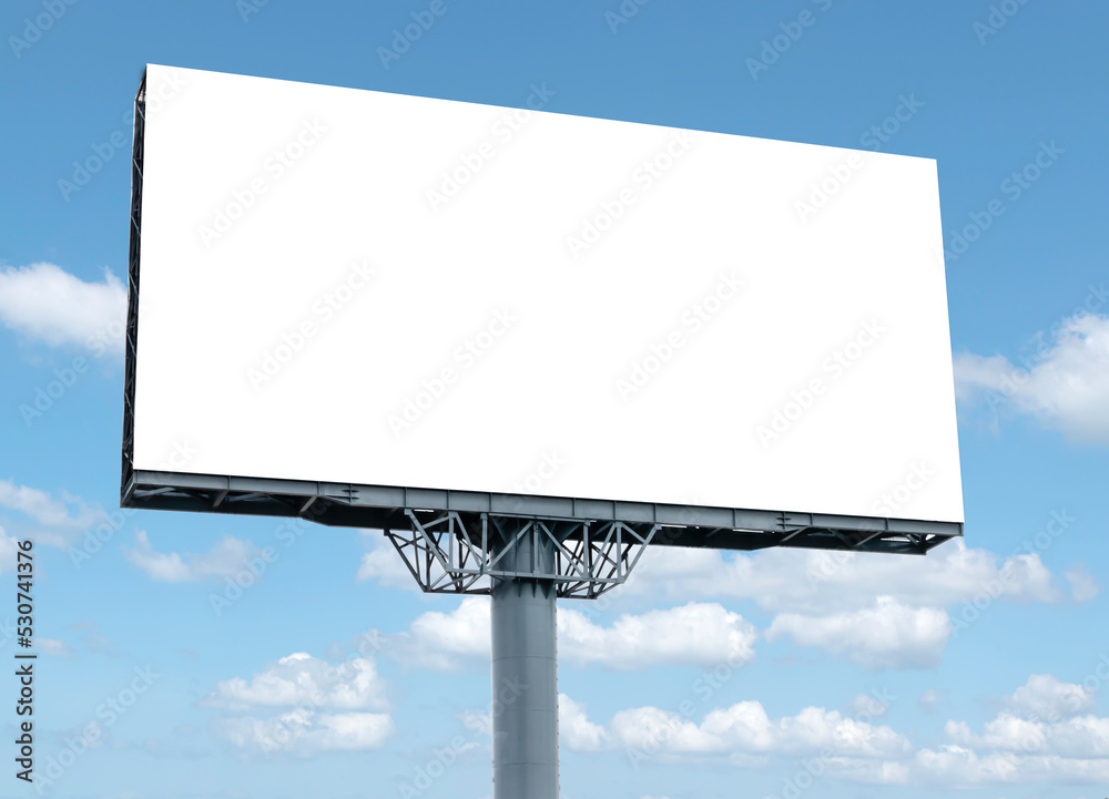 Outdoor pole billboard with mock up white screen on blue sky background ...