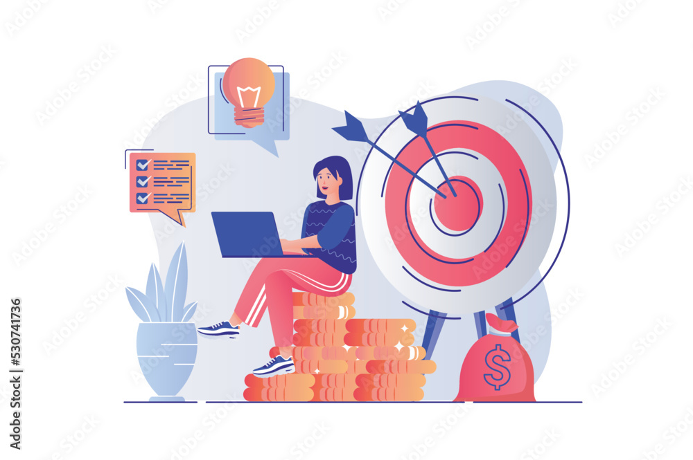 Business target concept with people scene. Woman following successful ...