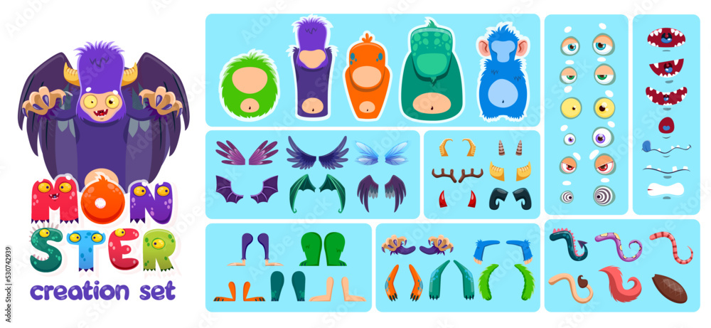 Monster creation kit. Cartoon monster character constructor. Vector ...