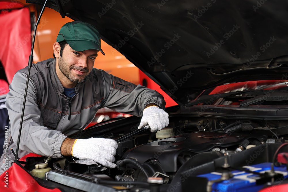 Professional mechanic working on the engine of the car in the garage ...