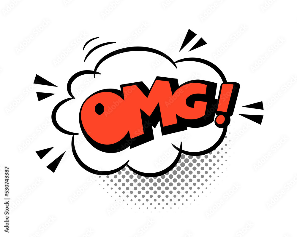 Omg comic word speech bubble icon with cloud, rays and halftone effect ...