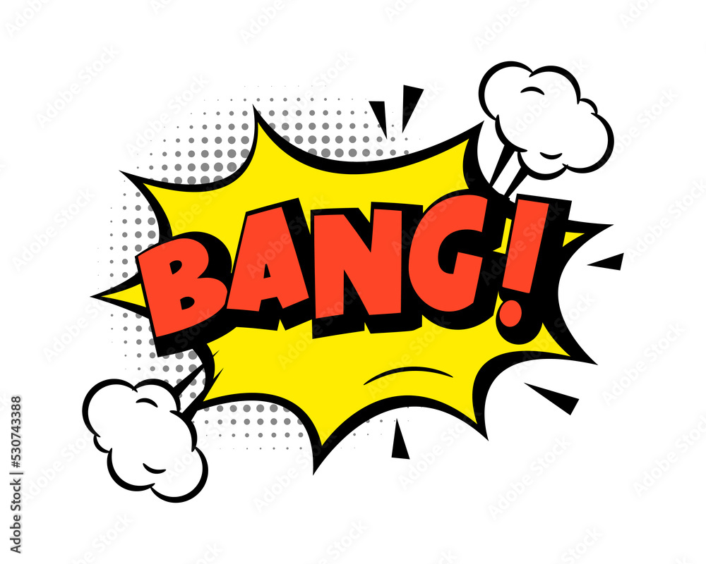 Bang comic word speech bubble icon with cloud, stars, rays and halftone ...