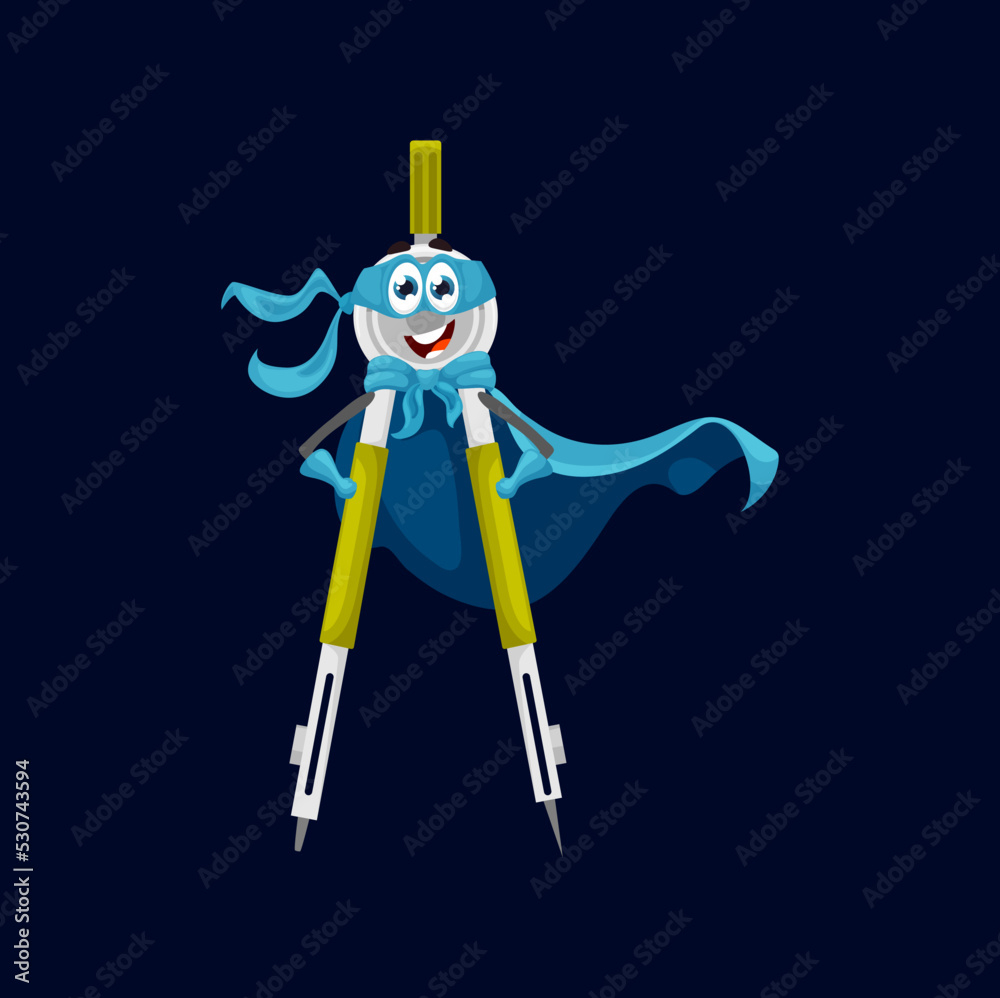 Cartoon school compass superhero character. Vector tool for drawing ...