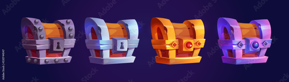 Treasure chests, game trunks, wooden boxes with iron, silver, gold and ...