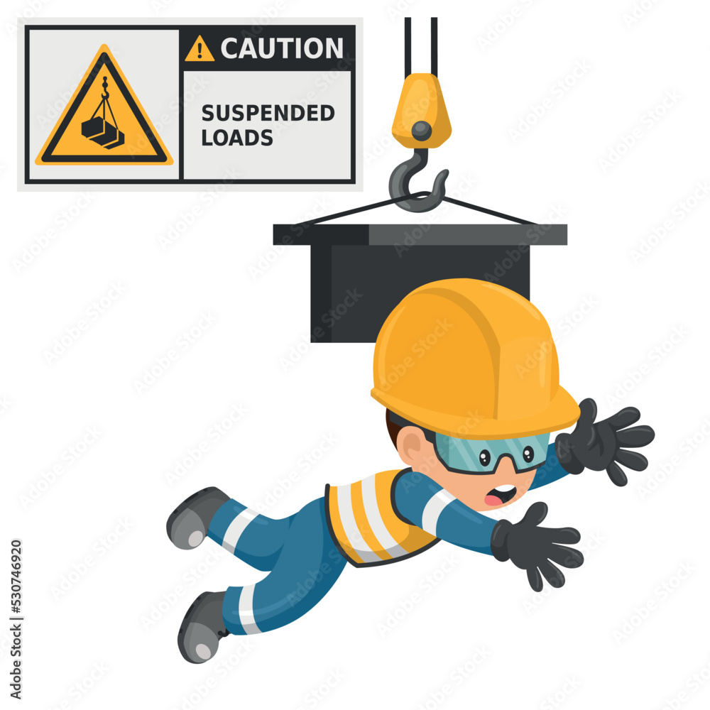 Industrial worker with suspended loads hazard sign warning. Caution ...