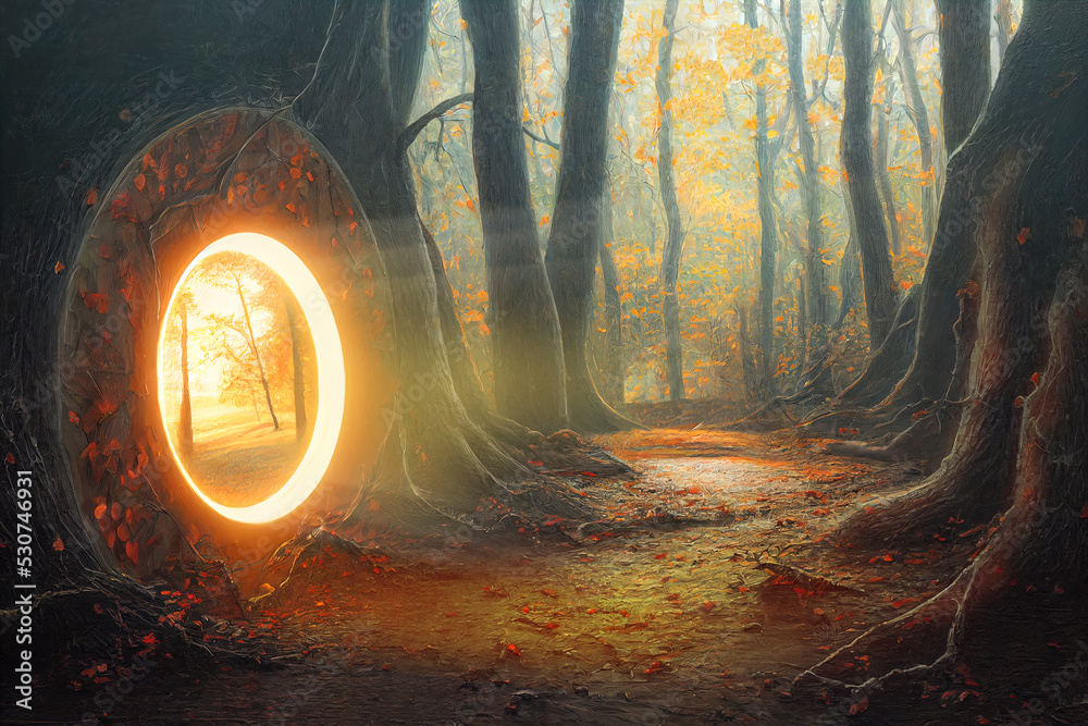 A portal in the trunk of a huge tree in the autumn forest. Realistic ...