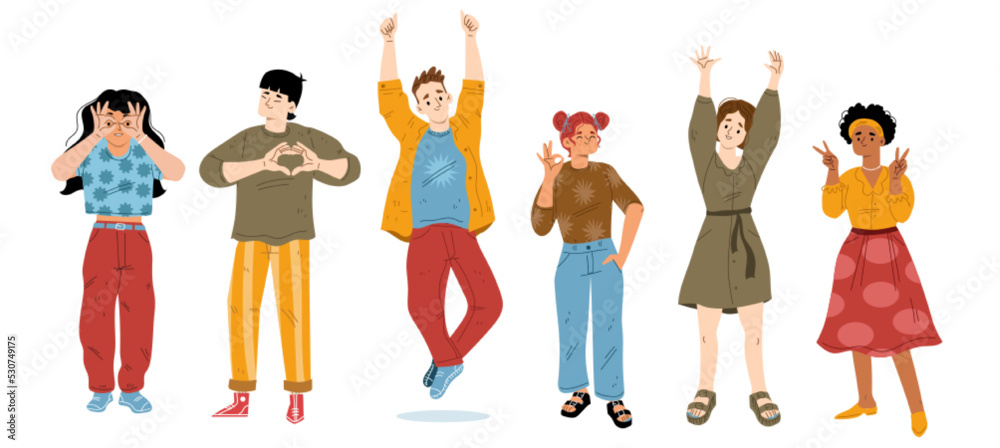 Happy young people showing positive emotions with gestures. Set of flat ...