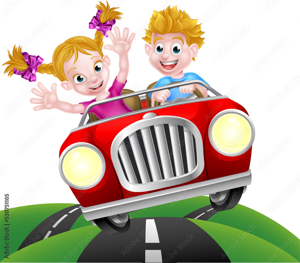 Cartoon Kids Driving Car Stock Illustration | Adobe Stock