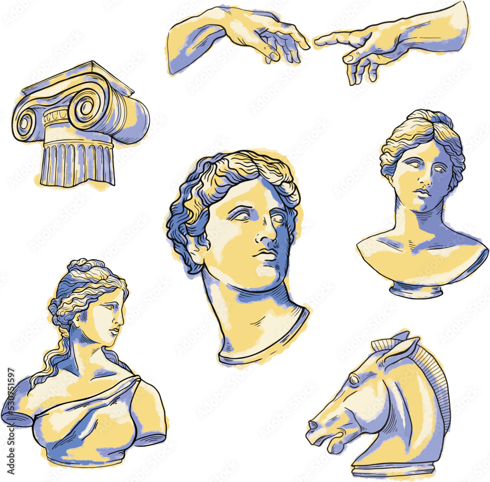 Greek gods Antique statue, ancient sculpture pastel line art set ...