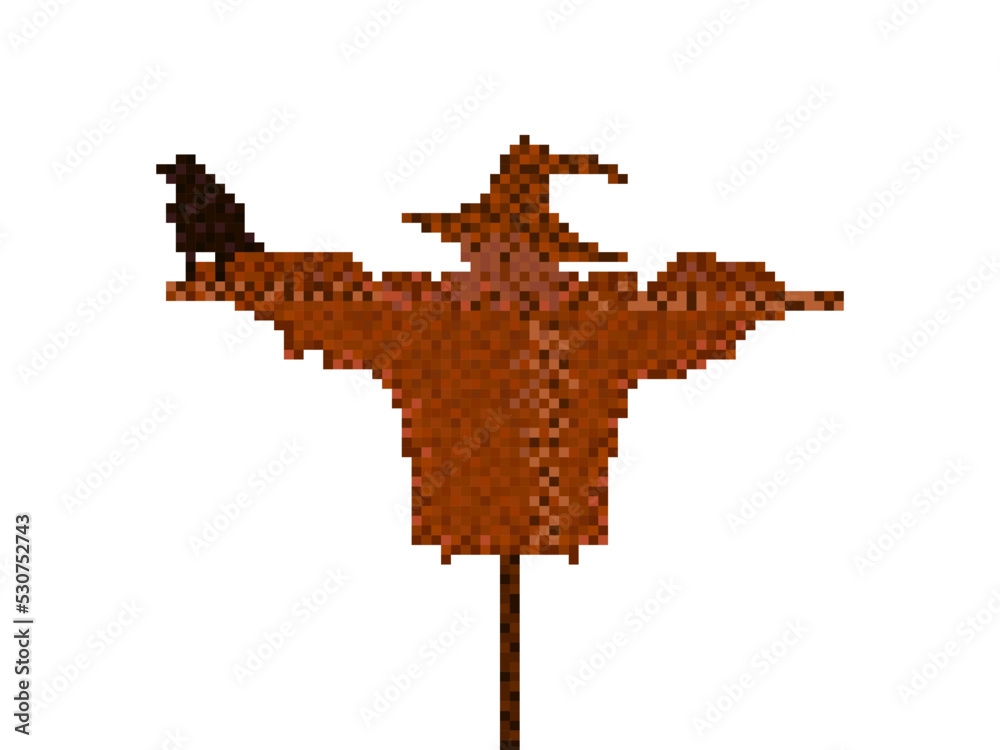 Scarecrow with crow in pixel art style isolated on white background ...