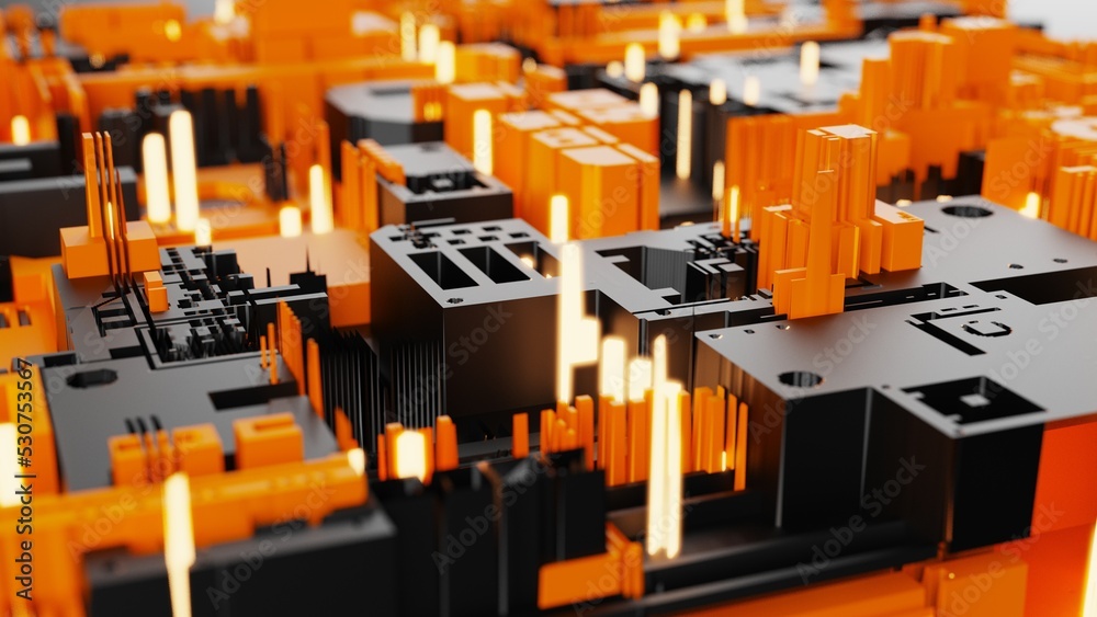 Black-orange futuristic circuit technology with orange LED point light ...