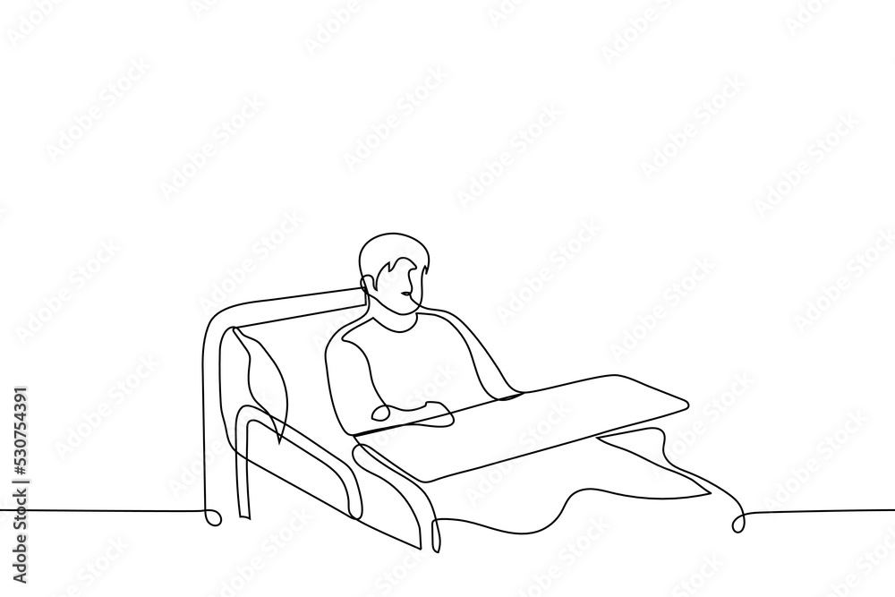 man lies in a hospital bed - one line drawing vector. concept, hospital ...