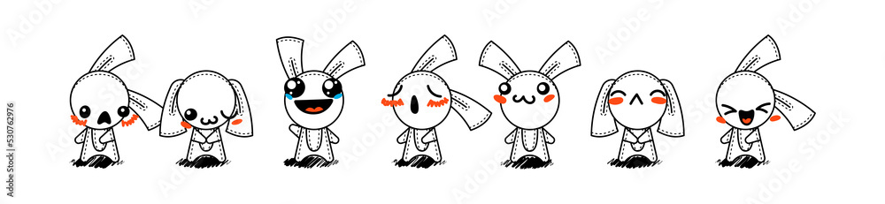 Outline Cartoon Rabbits. Emoticons, doodle faces, eyes and mouth ...