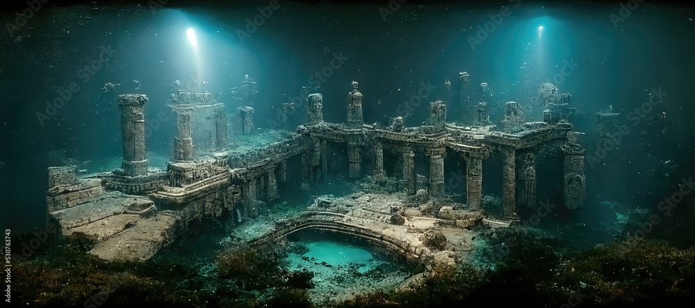 Parts of ancient architecture stand under water. Several columns are ...
