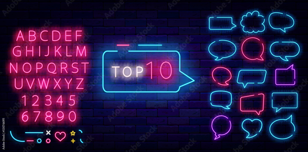 Top 10 neon sign in speech bubble. Hit parade label. Label for radio ...