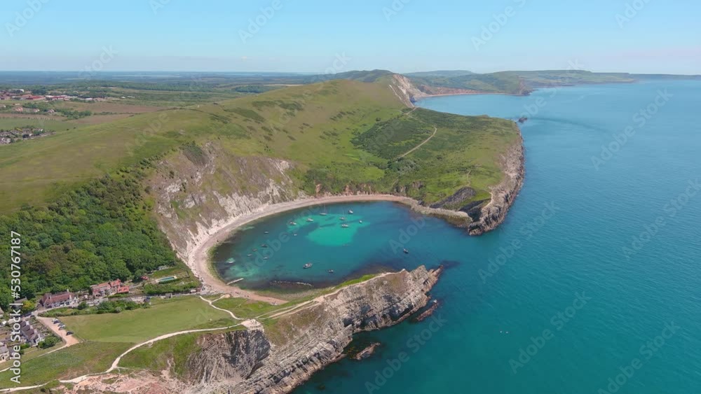 Lulworth Cove, UK: Aerial view of picturesque cove on Jurassic Coast ...