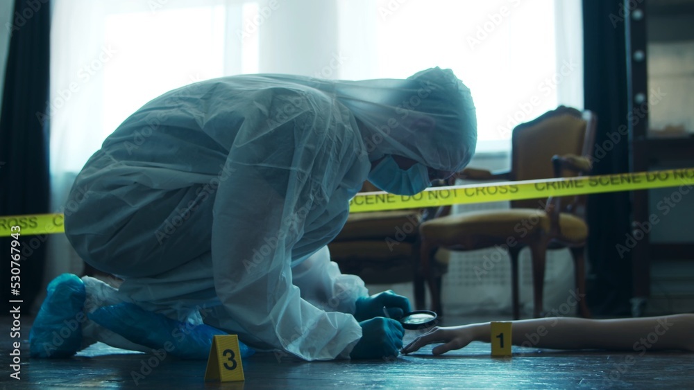 Detective Collecting Evidence in a Crime Scene. Forensic Specialists ...