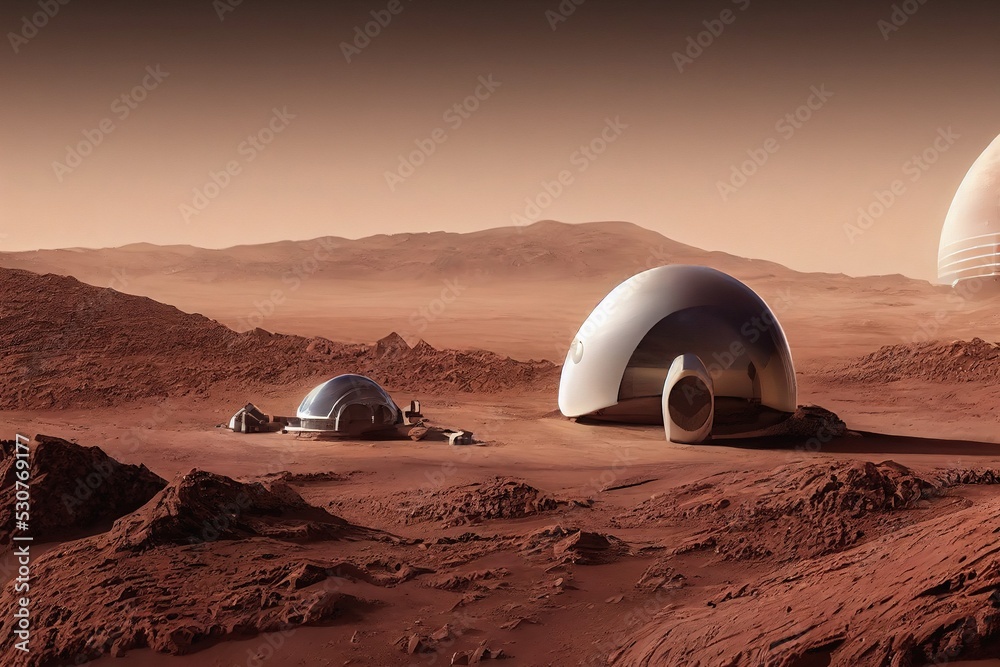 Stockillustratie Futuristic Martian base on the colonized planet Mars ...