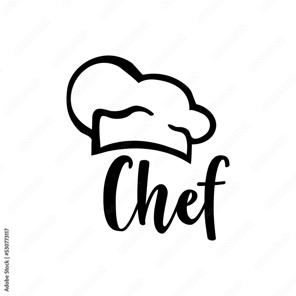 Concepto restaurante. Logo lineal con texto manuscrito Chef con silueta ...