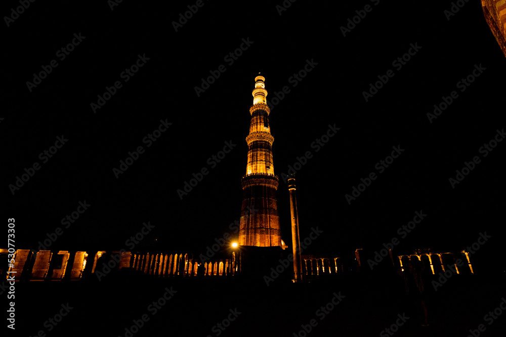 Qutub minar at night with lights Stock Photo | Adobe Stock