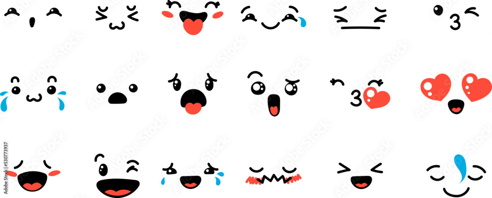 Various Cartoon Emoticons Set. Doodle faces, eyes and mouth. Caricature ...