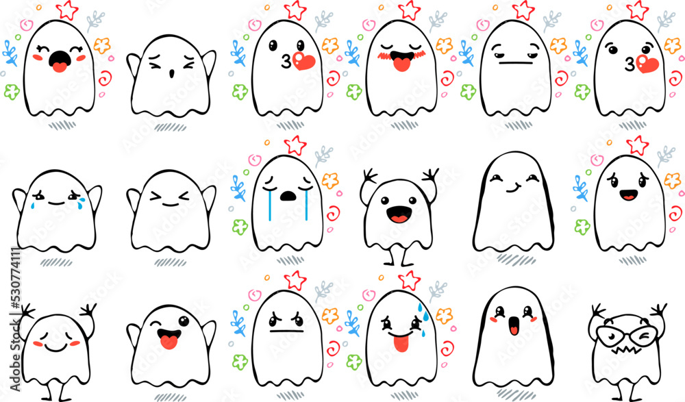 Set of Various Cartoon Ghosts with Emoticons. Doodle ghouls, eyes and ...